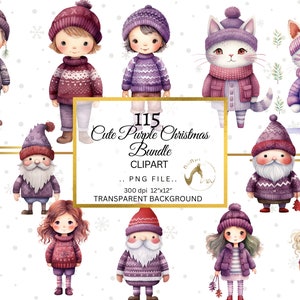 Watercolor Purple Christmas Clipart PNG Bundle, Purple Winter Christmas ...