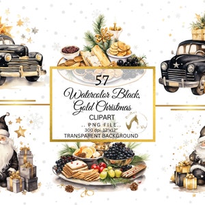Black & Gold Christmas PNG Clipart Bundle Watercolor Black and Gold ...