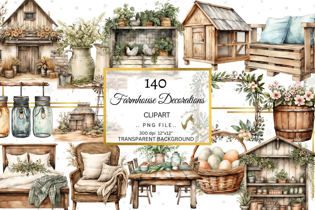 Watercolor Rustic Chic Farmhouse Clipart Bundle, Rustic Clipart Bundle ...