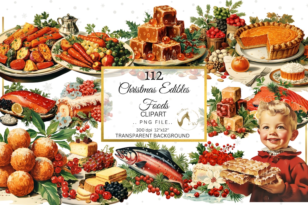 112 Retro Christmas Foods Clipart Bundle, Christmas Dishes, Cookies ...