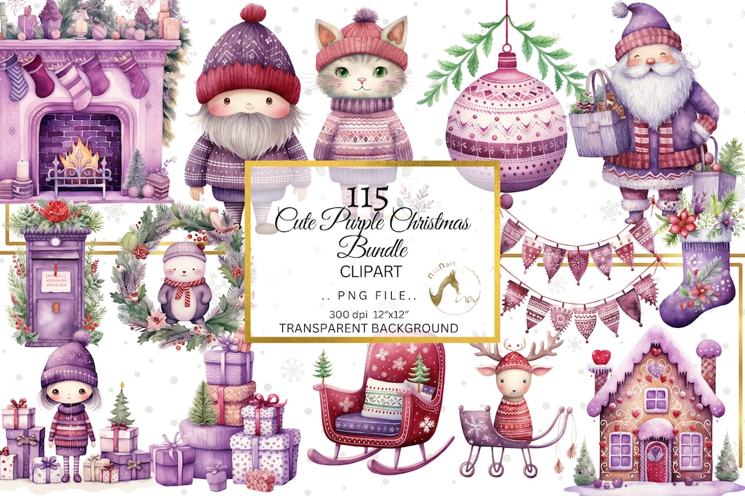 Watercolor Purple Christmas Clipart PNG Bundle, Purple Winter Christmas ...