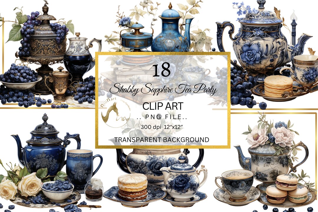 Watercolor Sapphire Tea Clipart, Cobalt and Blue Tea Cups, Garden Tea ...