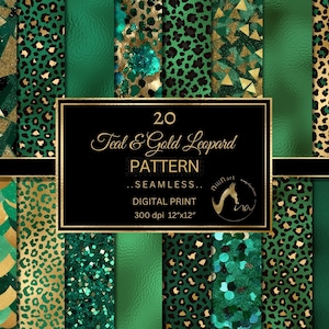 Teal and Gold Leopard Digital Paper, Seamless Leopard Spot Patterns ...