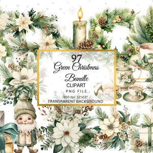 Watercolor Green Christmas Clipart PNG Bundle, Cozy Christmas, Green ...