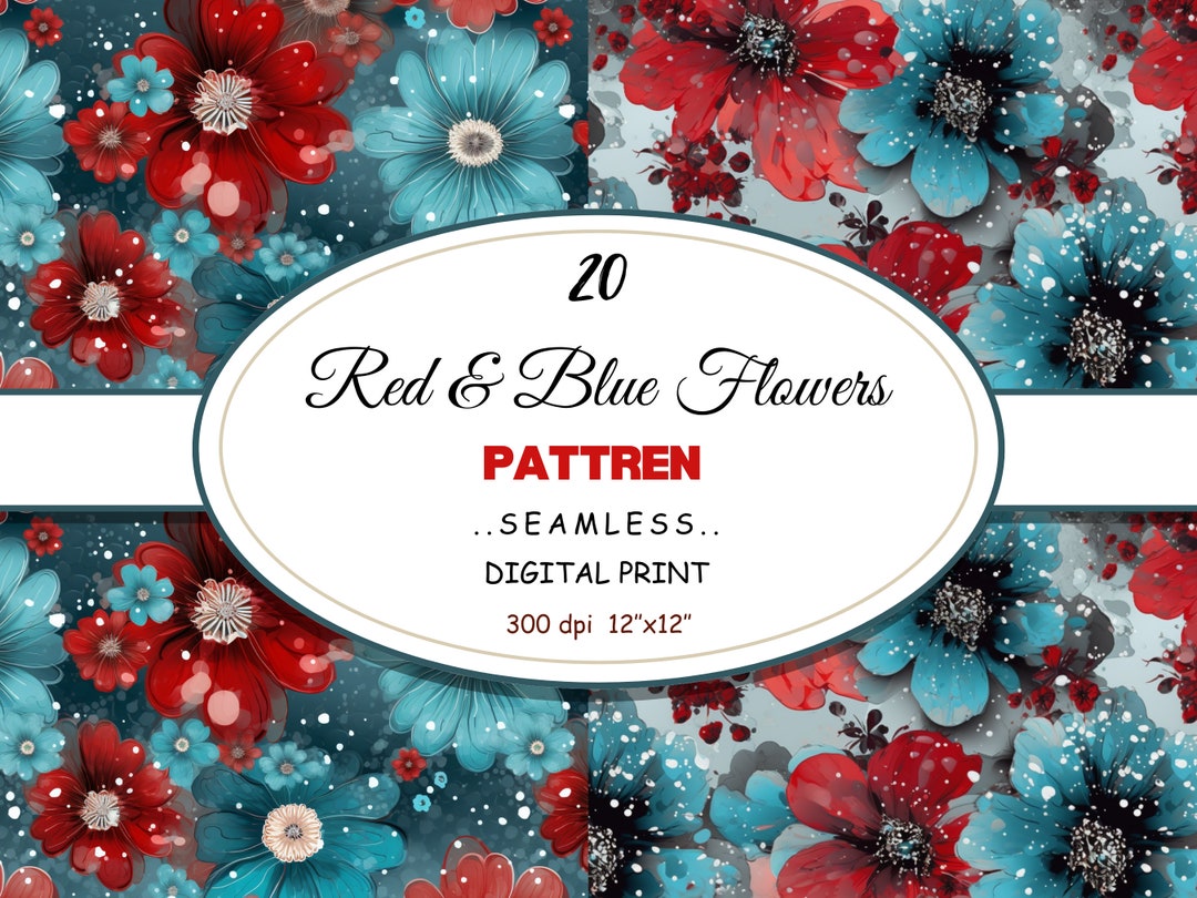 Red Blue Flowers Seamless Digital Paper, Exotic and Unique Floral ...