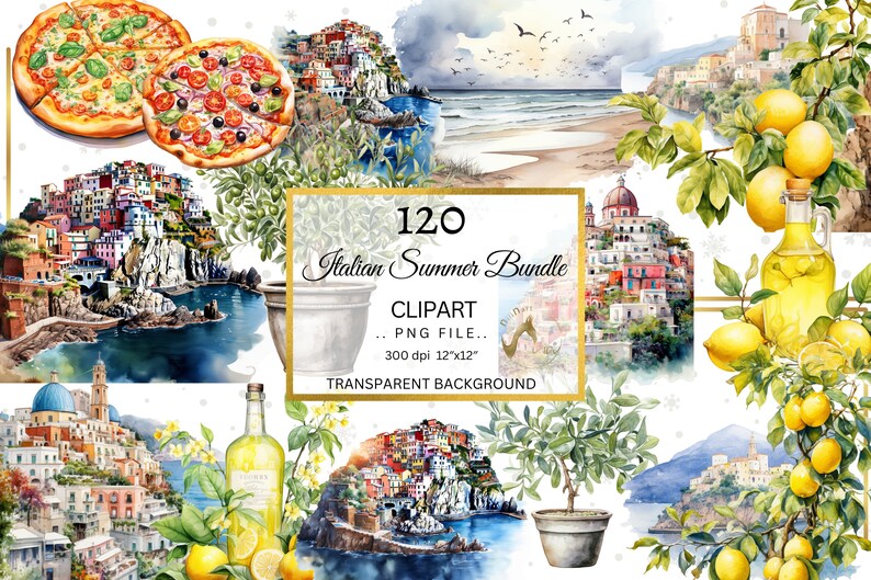 Watercolor Italian Summer Clipart Bundle, Amalfi Coast PNG (digital ...
