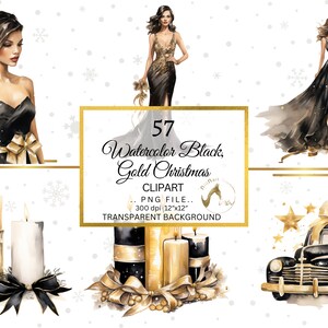 Black & Gold Christmas PNG Clipart Bundle Watercolor Black and Gold ...