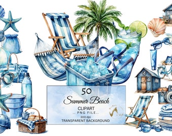 Watercolor Blue Summer Clipart, Ocean Clipart, Summer on the Beach ...