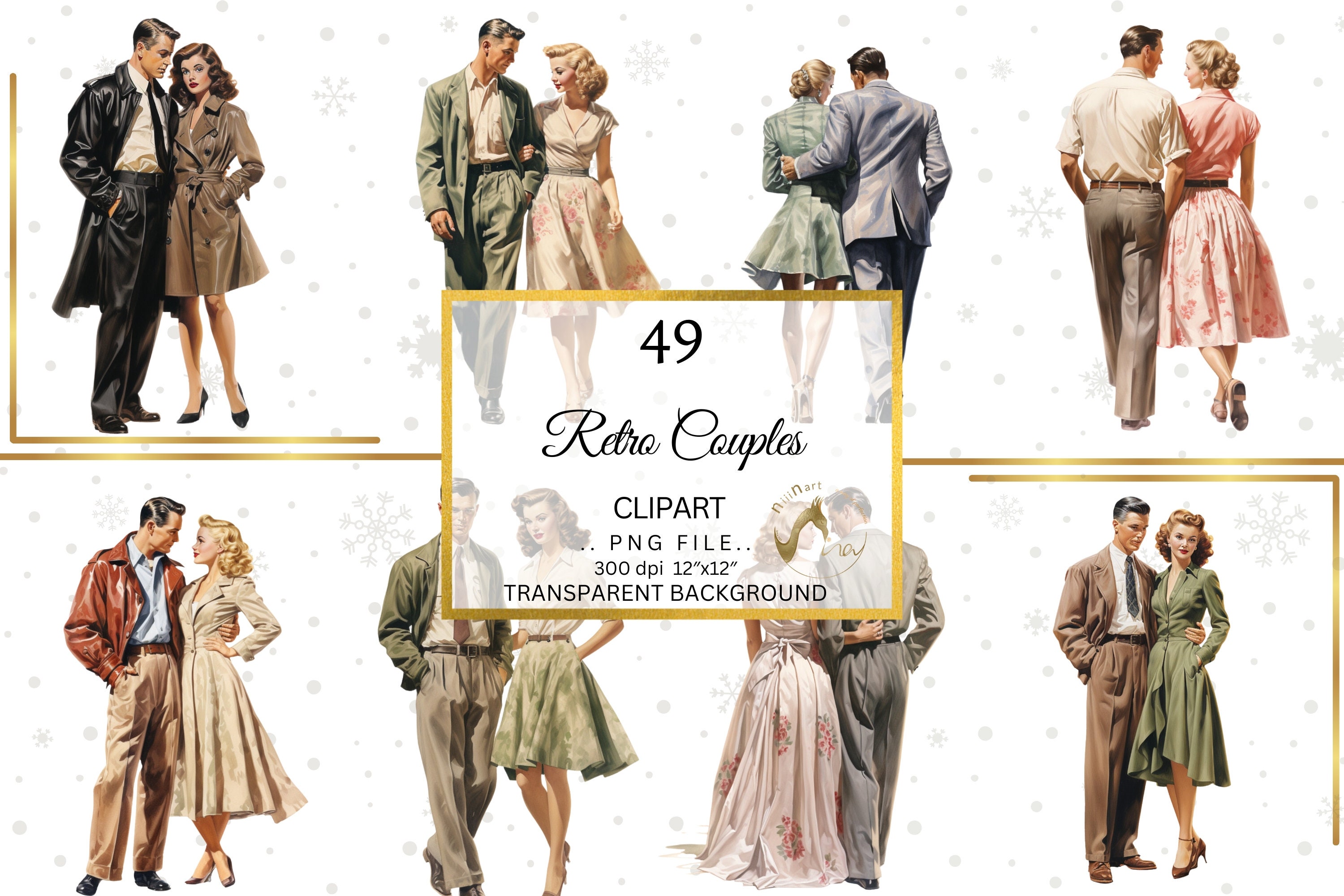 Retro Couples Watercolor Clipart, Vintage PNG, Scrapbooking (digital ...