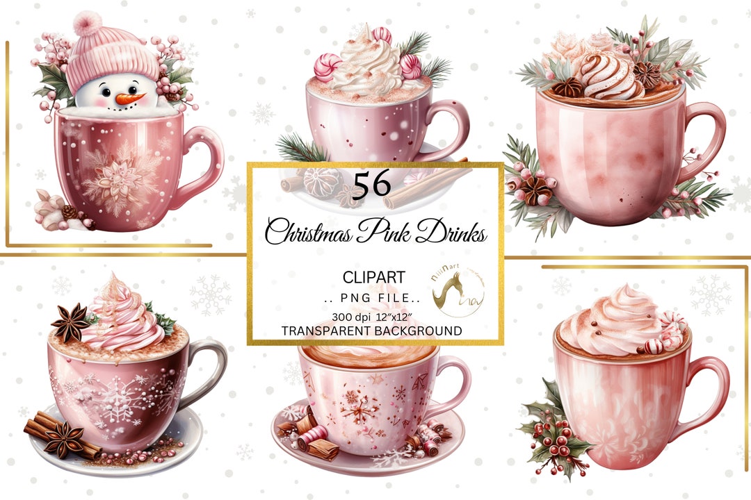 Pink Pastel Christmas Hot Drink Clipart, Watercolor Christmas Hot ...