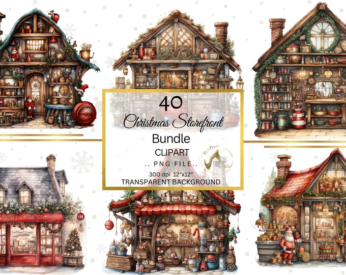 Christmas Village Clipart, Christmas Storefronts Watercolor Clipart ...