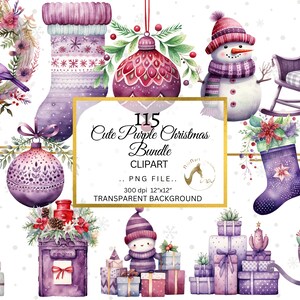 Watercolor Purple Christmas Clipart PNG Bundle, Purple Winter Christmas ...