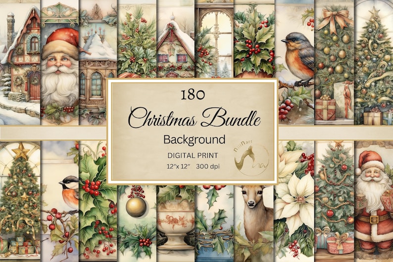 Retro Christmas Scrapbook Paper, Winter Holiday Ephemera (digital ...