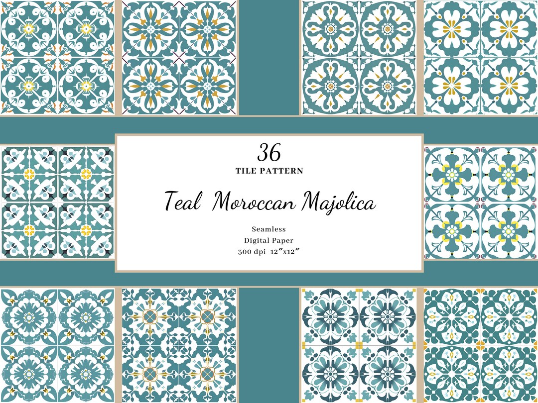 Teal Moroccan Majolica Tile Pattern, Tile Digital Paper, Seamless ...