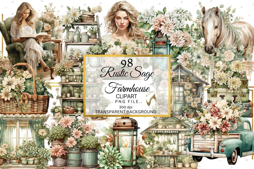 Watercolor Rustic Sage Farmhouse Clipart Bundle, Rustic Clipart Bundle ...