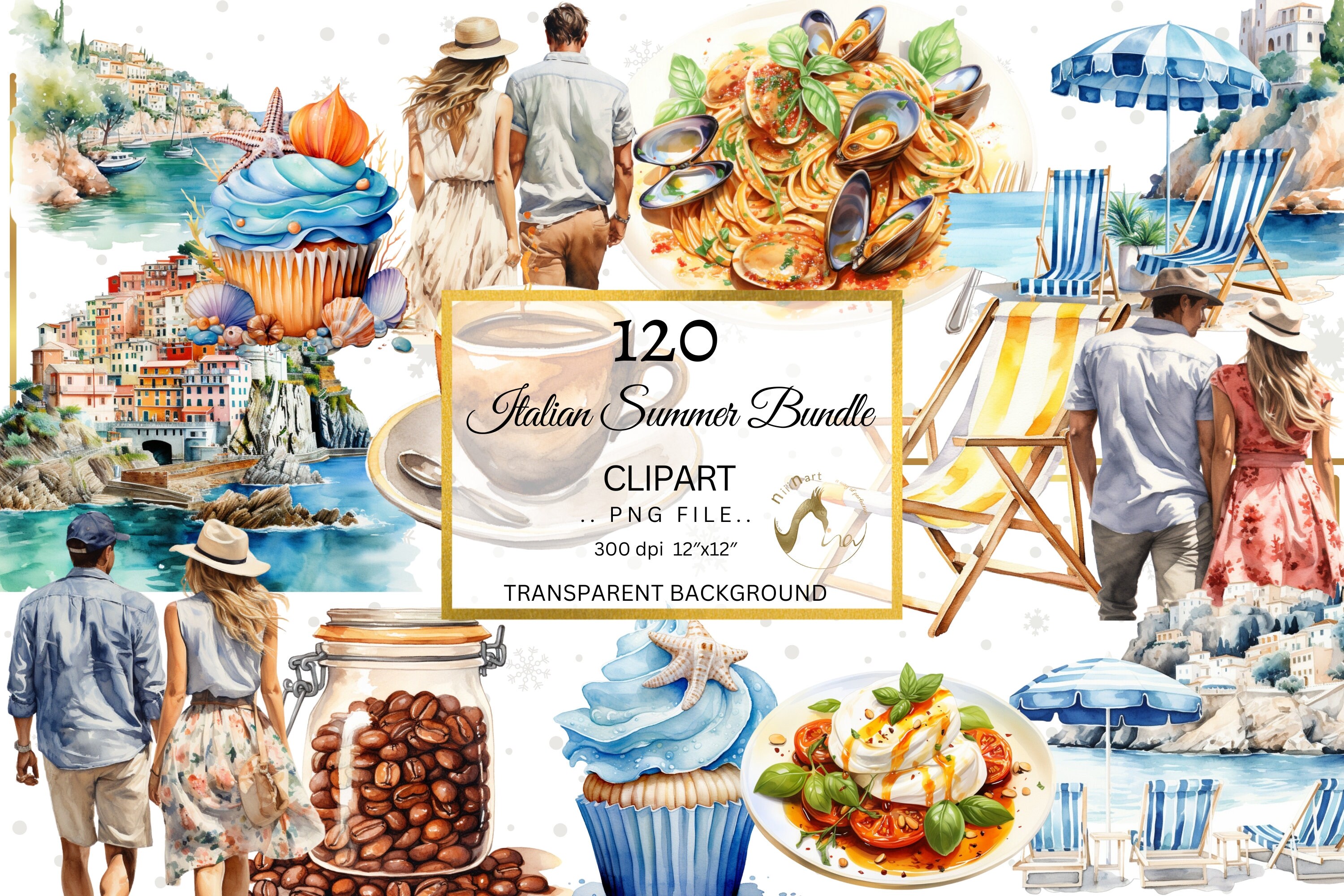 Watercolor Italian Summer Clipart Bundle, Amalfi Coast PNG (digital ...