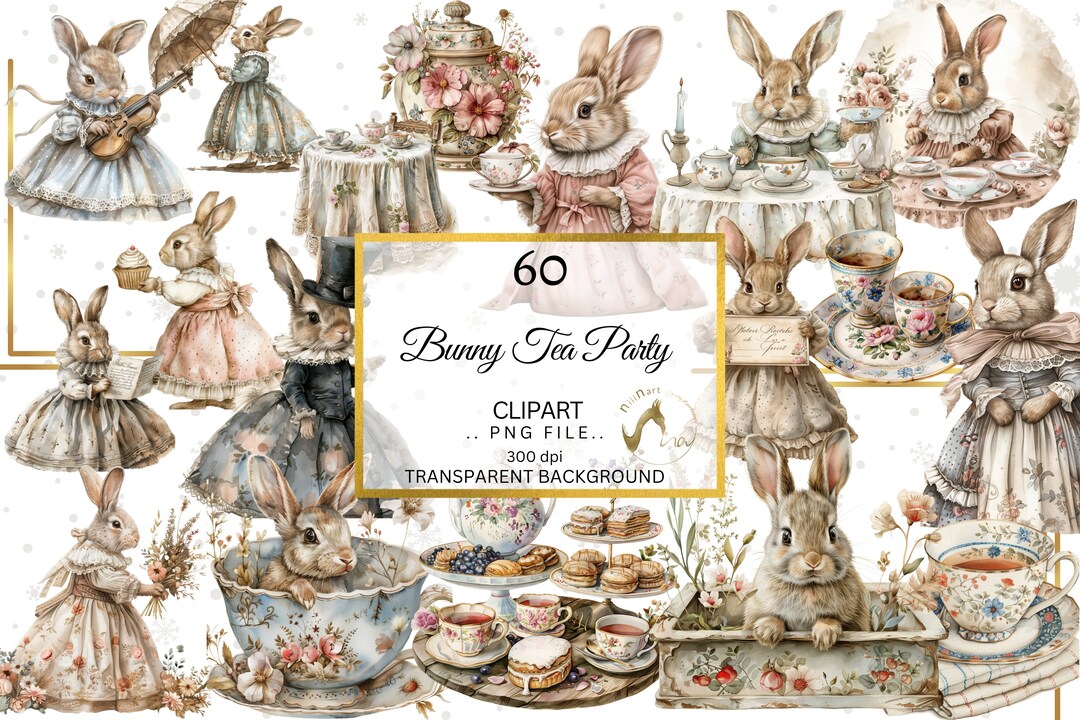 Watercolor Vintage Floral Tea Time Clipart, Cute Bunny Clipart, Tea ...