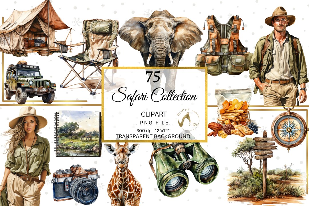 Watercolor Safari Clipart Bundle, Safari Essentials Images, Watercolor ...
