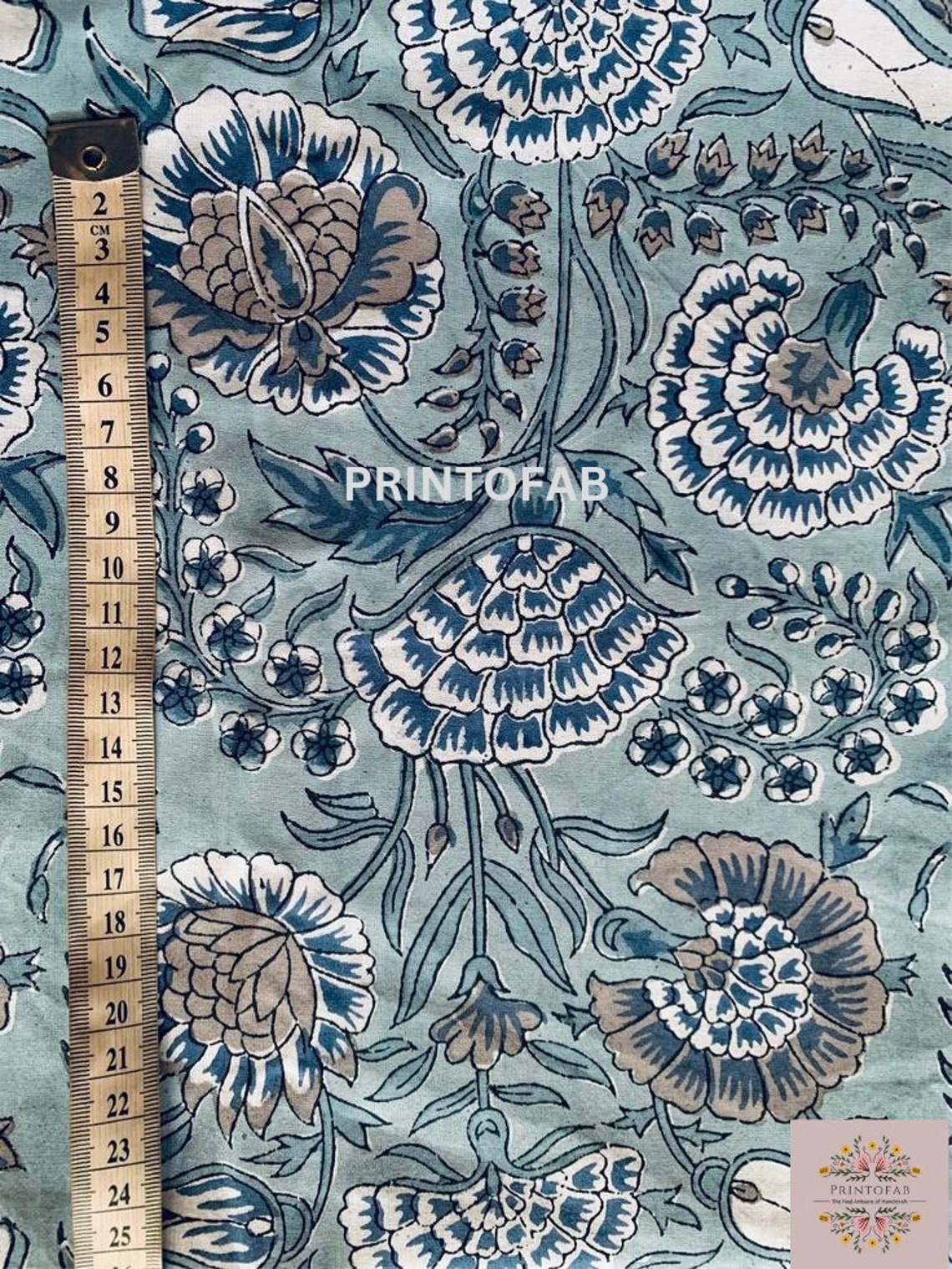 Printofab Gray Delft Blue Indian Floral Hand Block Printed 100% Cotton ...