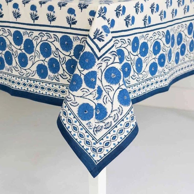 Printofab Blue Floral Hand Block Printed Tablecloth Wedding Party Gifts ...
