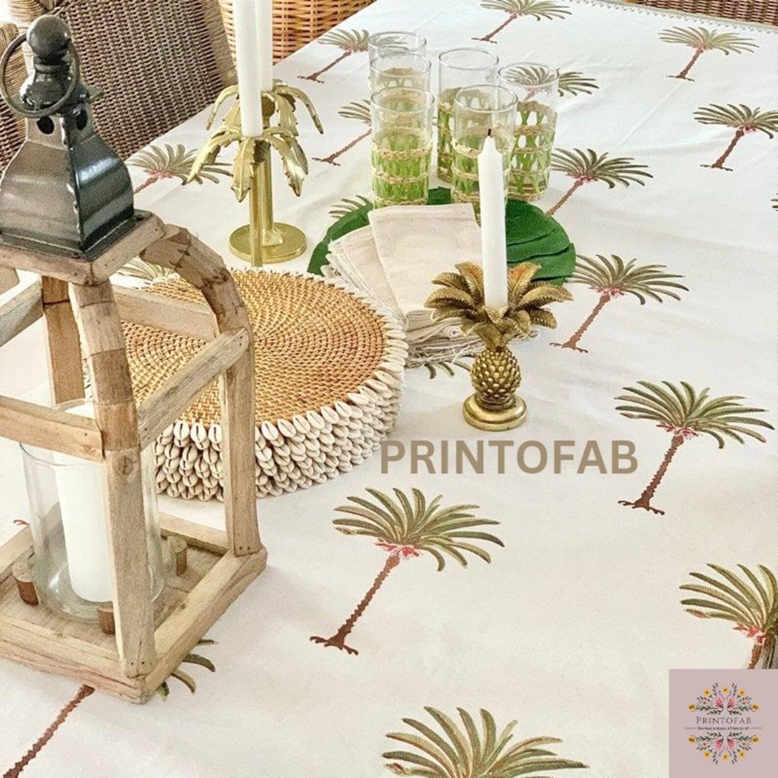 Printofab Coastal Nature Green Plam Tree Round Tablecloth, Indian Block ...