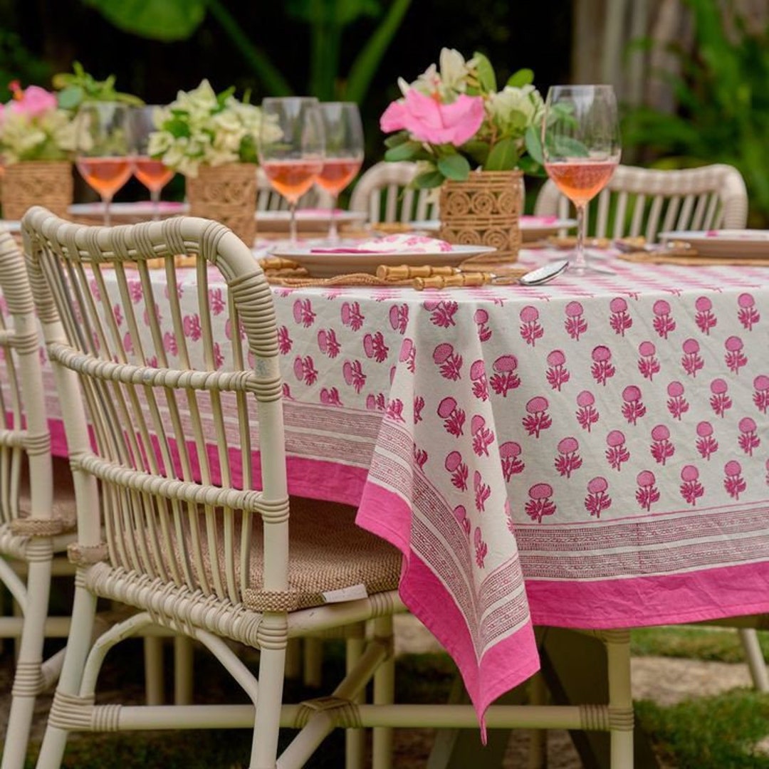 Printofab Baby Pink Hand Block Printed Cotton Tablecloth Dining Table ...