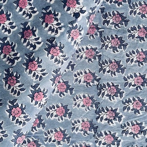 Printofab Delft Blue & Pink Indian Floral Hand Block Printed 100% ...