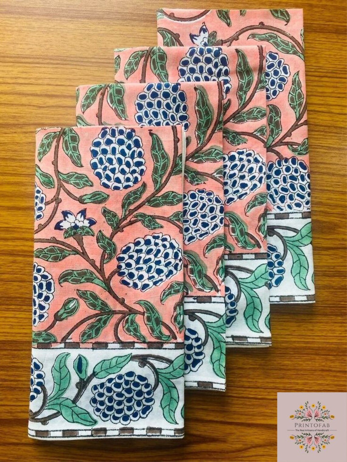 Printofab Salmon Pink, Sage Green,delft Blue,hand Block Floral Print ...