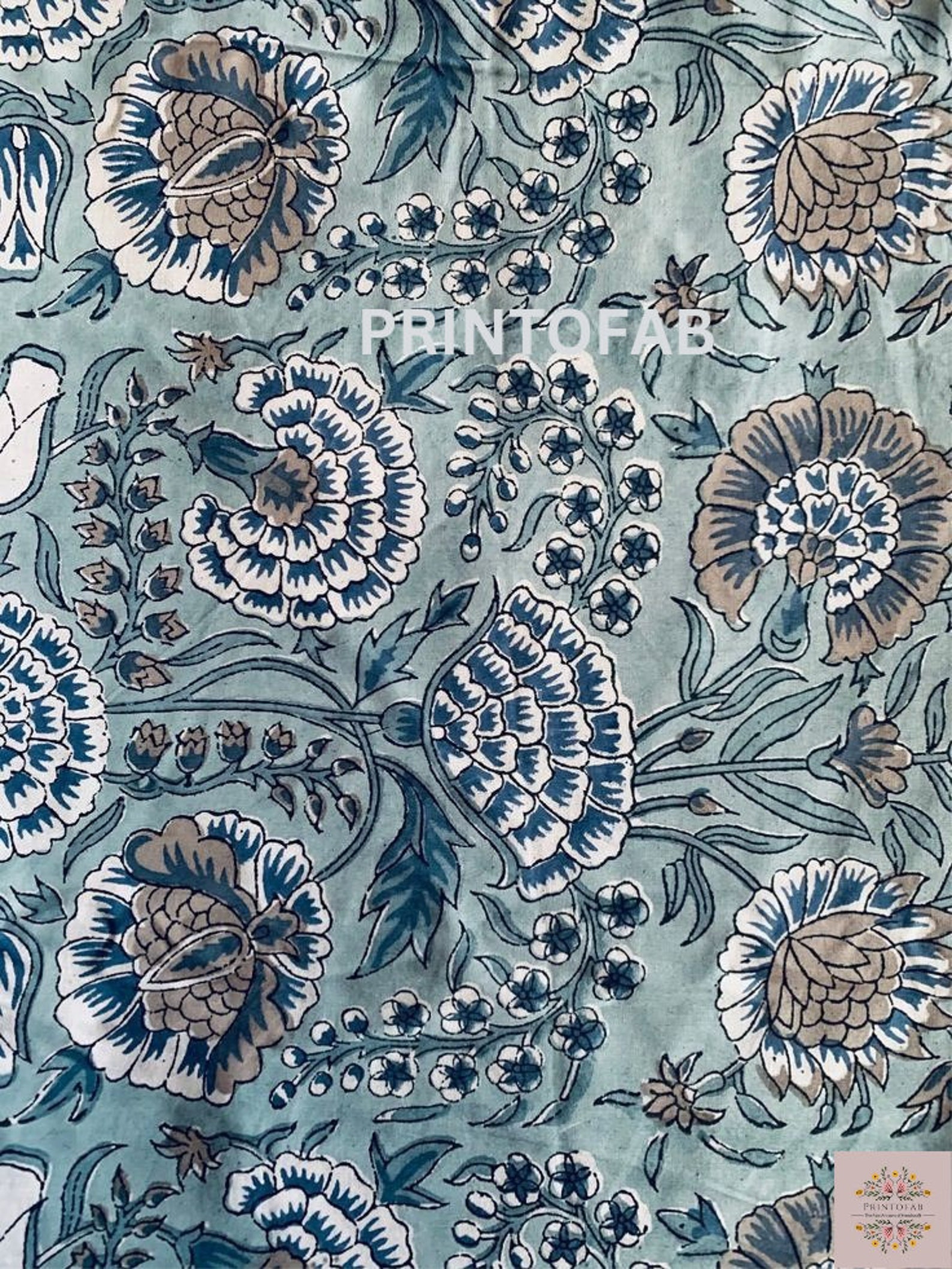 Printofab Gray Delft Blue Indian Floral Hand Block Printed 100% Cotton ...