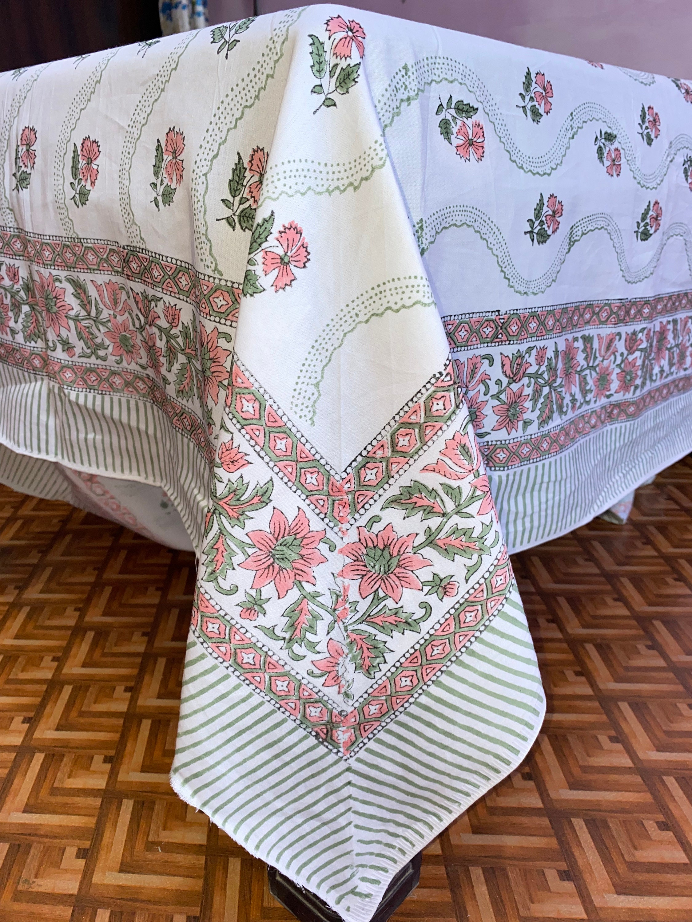 Printofab Salmon Pink & Green Hand Block Printed Cotton Tablecloth ...