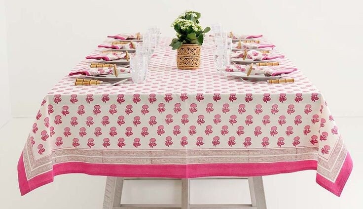 Printofab Baby Pink Hand Block Printed Cotton Tablecloth Dining Table ...