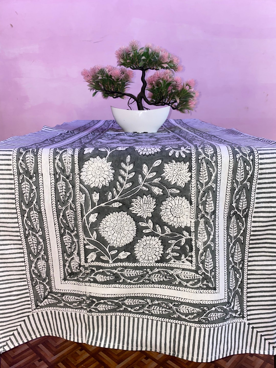 Printofab Dark Gray, Delft Blue Indian Hand Block Floral Printed Cotton ...