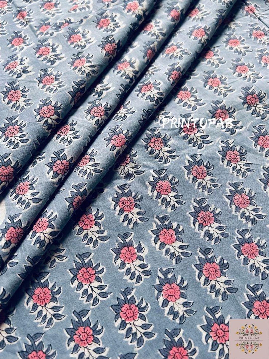 Printofab Delft Blue & Pink Indian Floral Hand Block Printed 100% ...