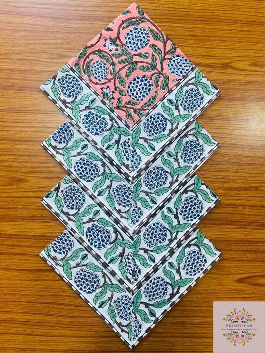 Printofab Salmon Pink, Sage Green,delft Blue,hand Block Floral Print ...