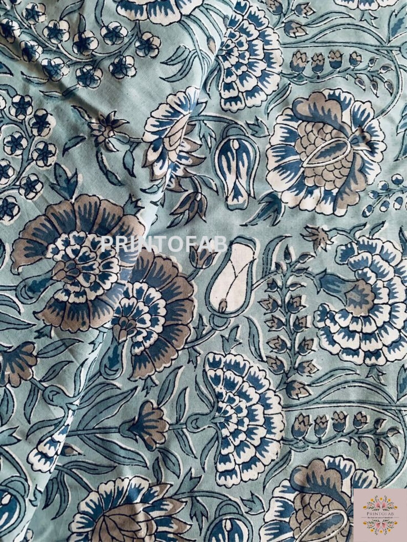 Printofab Gray Delft Blue Indian Floral Hand Block Printed 100% Cotton ...