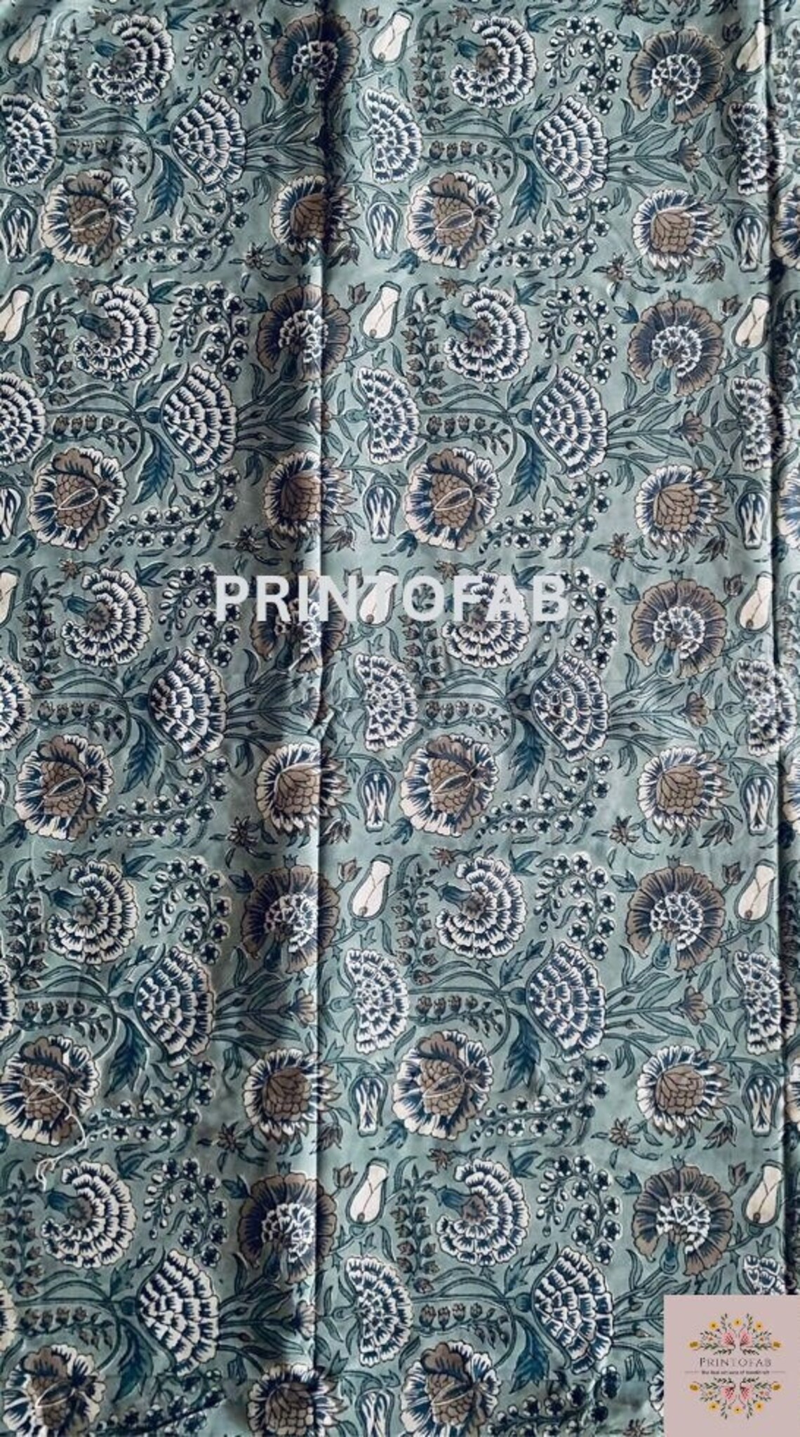Printofab Gray Delft Blue Indian Floral Hand Block Printed 100% Cotton ...