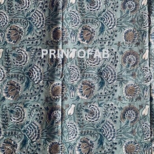 Printofab Gray Delft Blue Indian Floral Hand Block Printed 100% Cotton ...