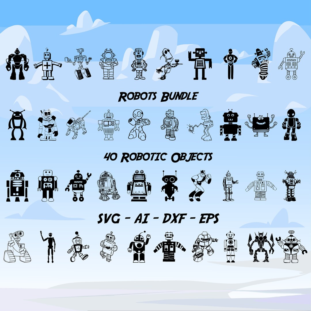 Robots, 40 Robot Objects, Concept Bundle, Sci Fi Illustration, Robotic Vector Silhouette, SVG ...