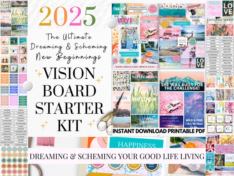 2025 Vision Board Printable PDF Manifest New Beginnings Mood Board for ...