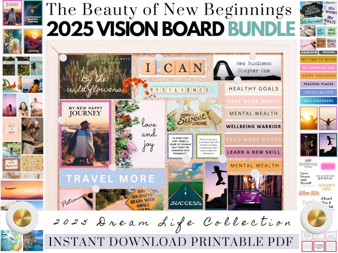 2025 New Beginnings Vision Board Bundle Happiness Printable PDF Mood ...