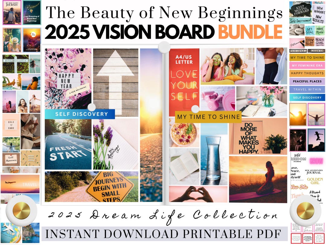2025 New Year Resolutions Vision Board Bundle Happiness Printable PDF ...