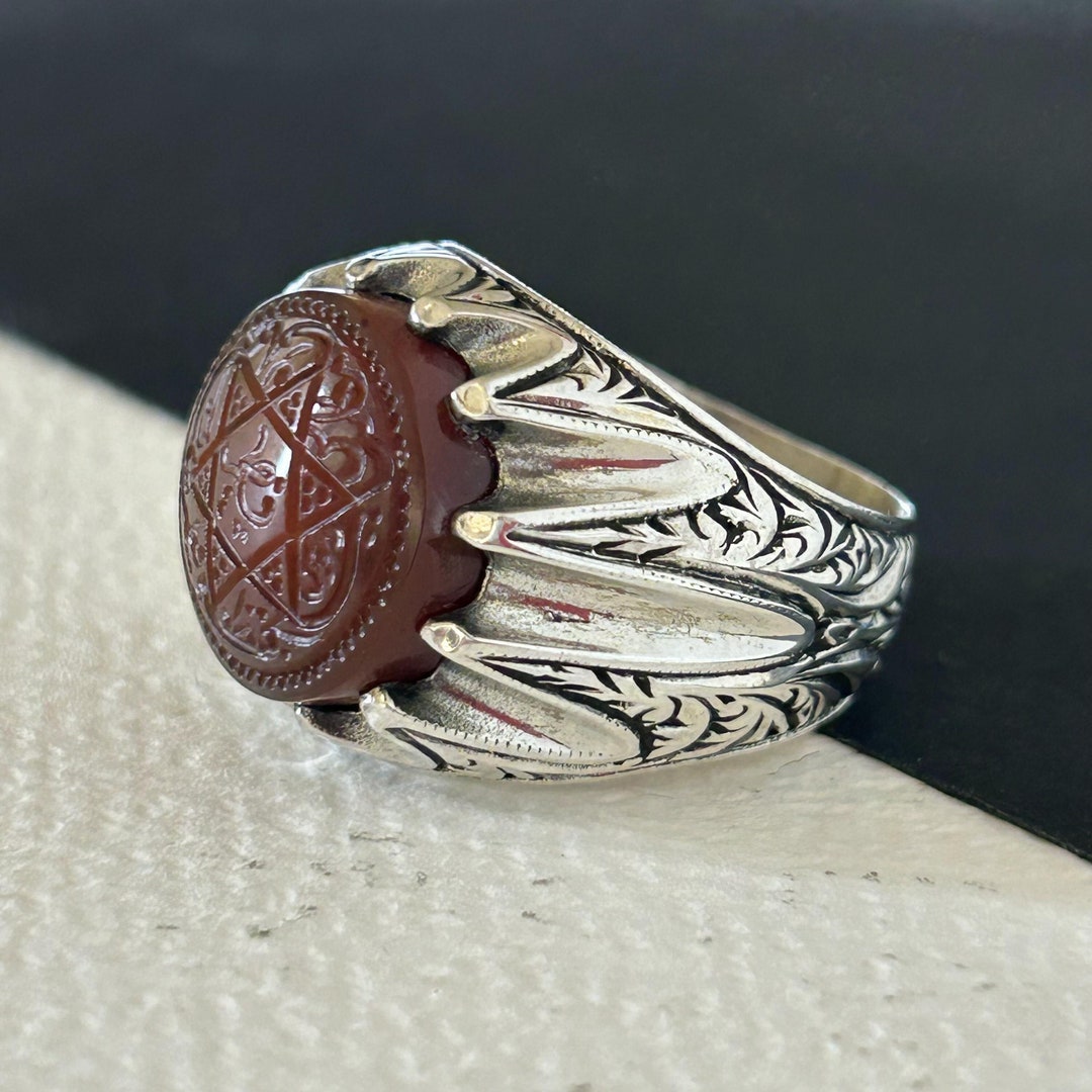 Silver Handcraft Agate Stone Seven Sleepers Ring, Vintage Engraved ...