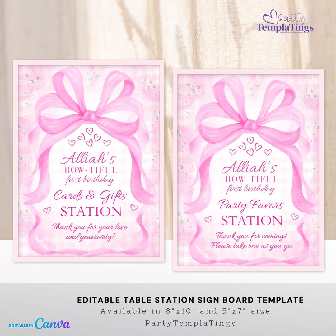 Pink Bow Table Station Sign Coquette Pink Bow Birthday Party Sign Board ...