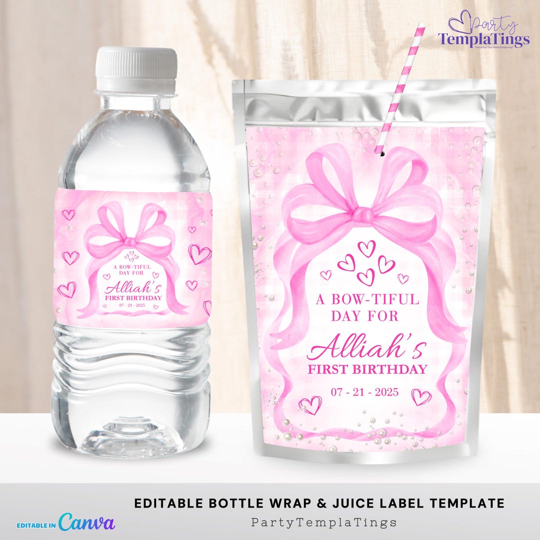 Pink Bow Water Bottle Wrapper & Juice Pouch Label Coquette Pink Bow ...