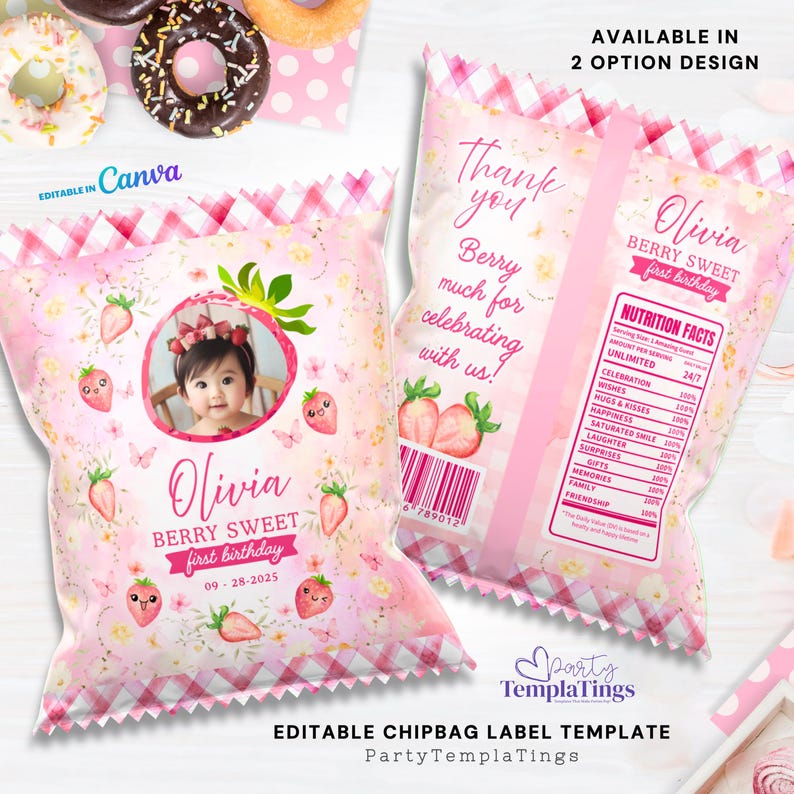 Berry Sweet First Birthday Chip Bag Wrapper: Strawberry Party Favor Bag ...