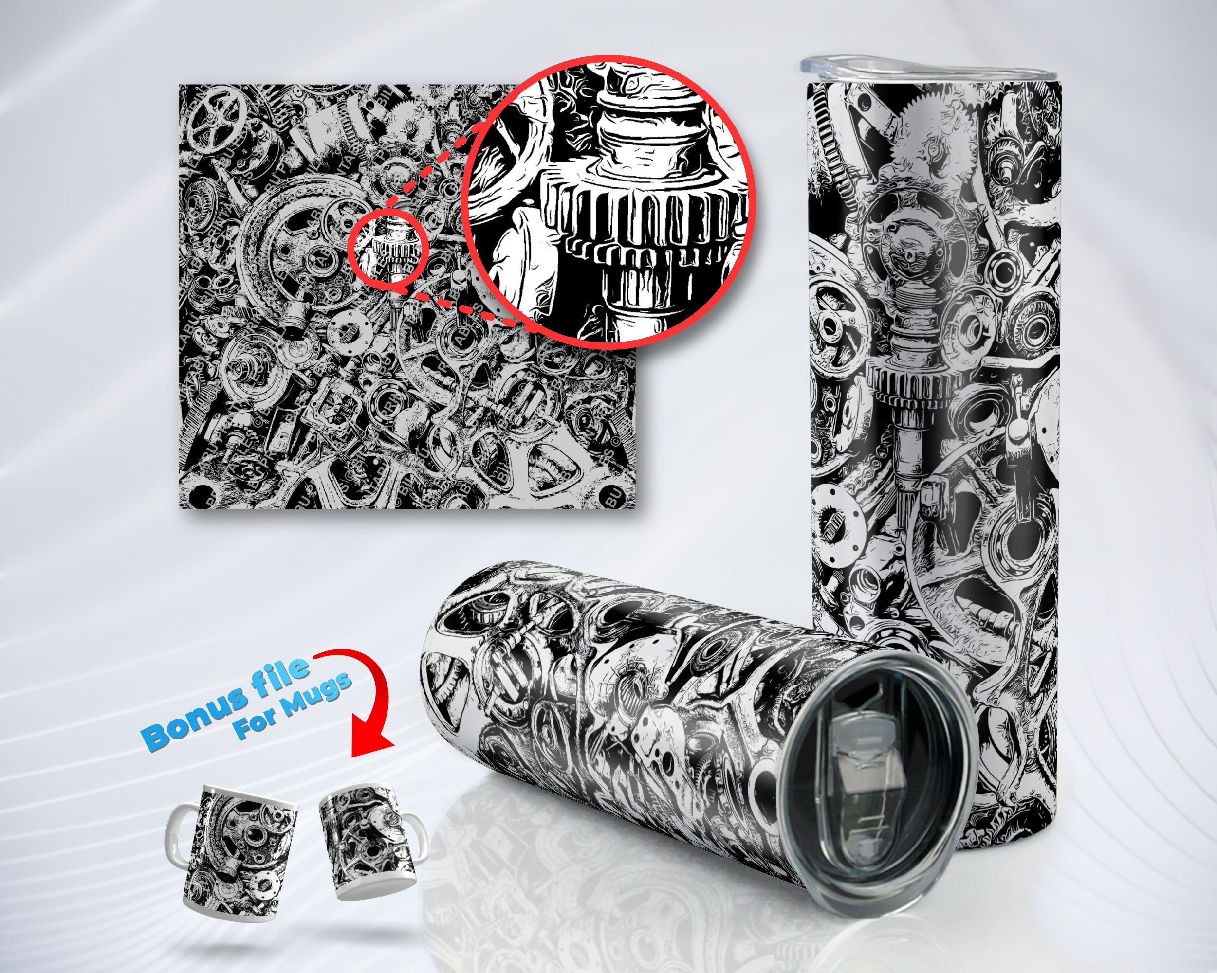 Engine Parts Printable Tumbler Wrap Design for Mechanics With Seamless ...