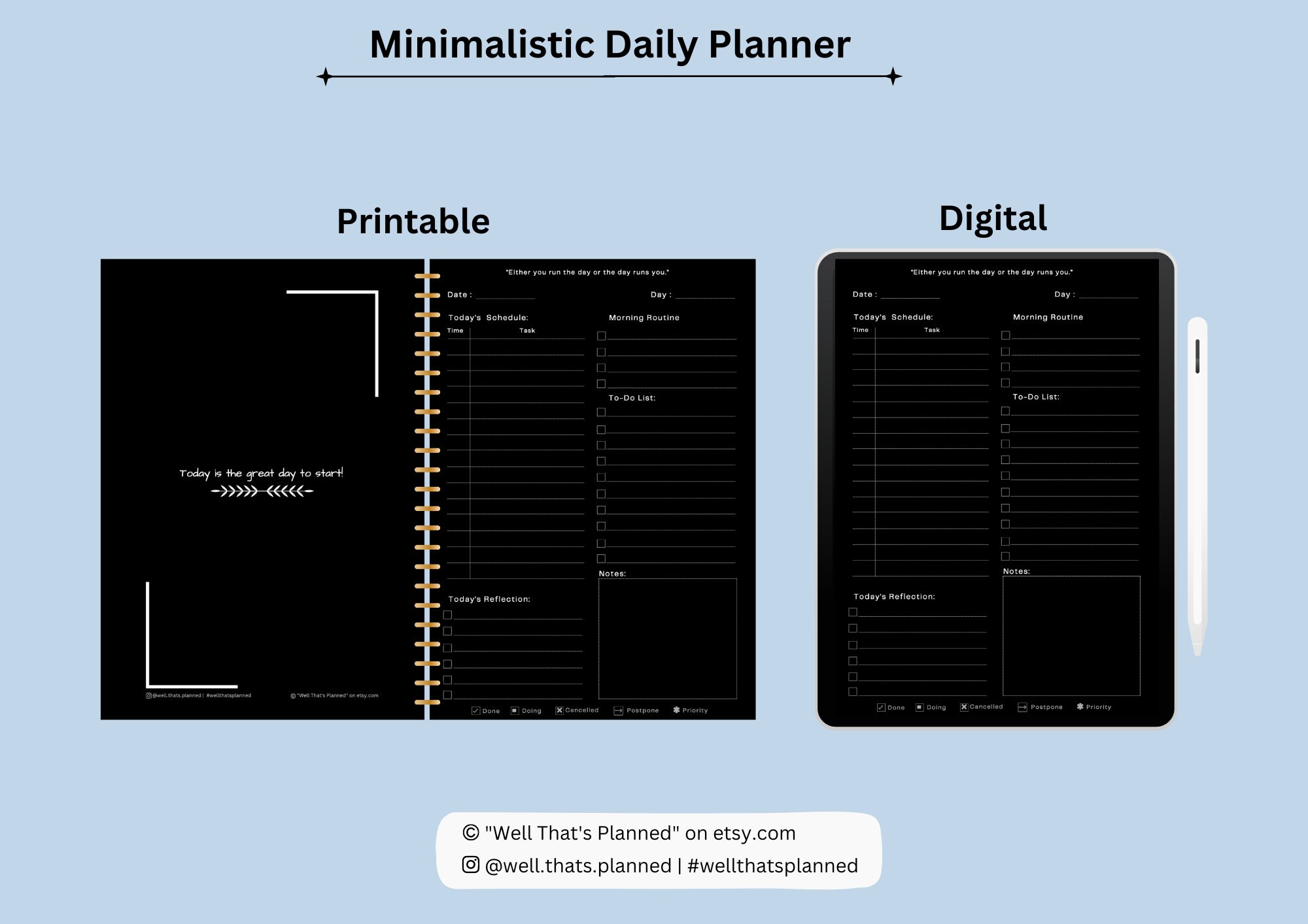 Minimalist Daily Digital Planner Dark Theme iPad and Tablet Planner ...