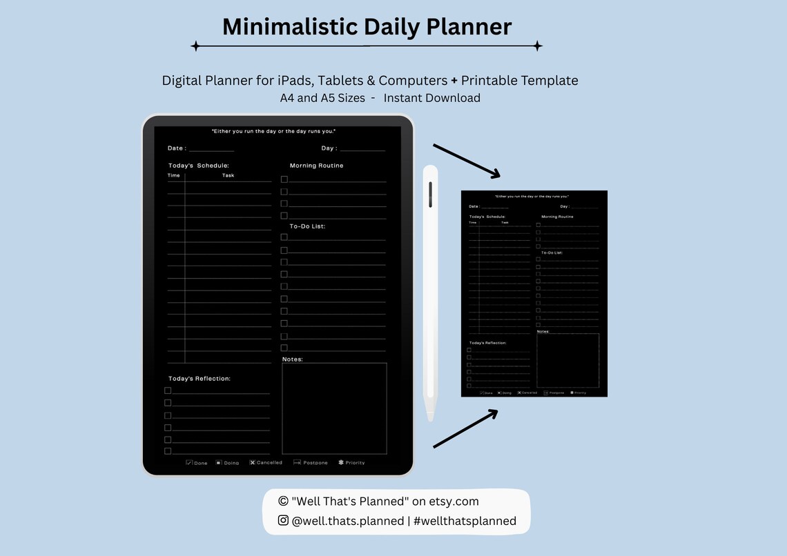 Minimalist Daily Digital Planner Dark Theme iPad and Tablet Planner ...