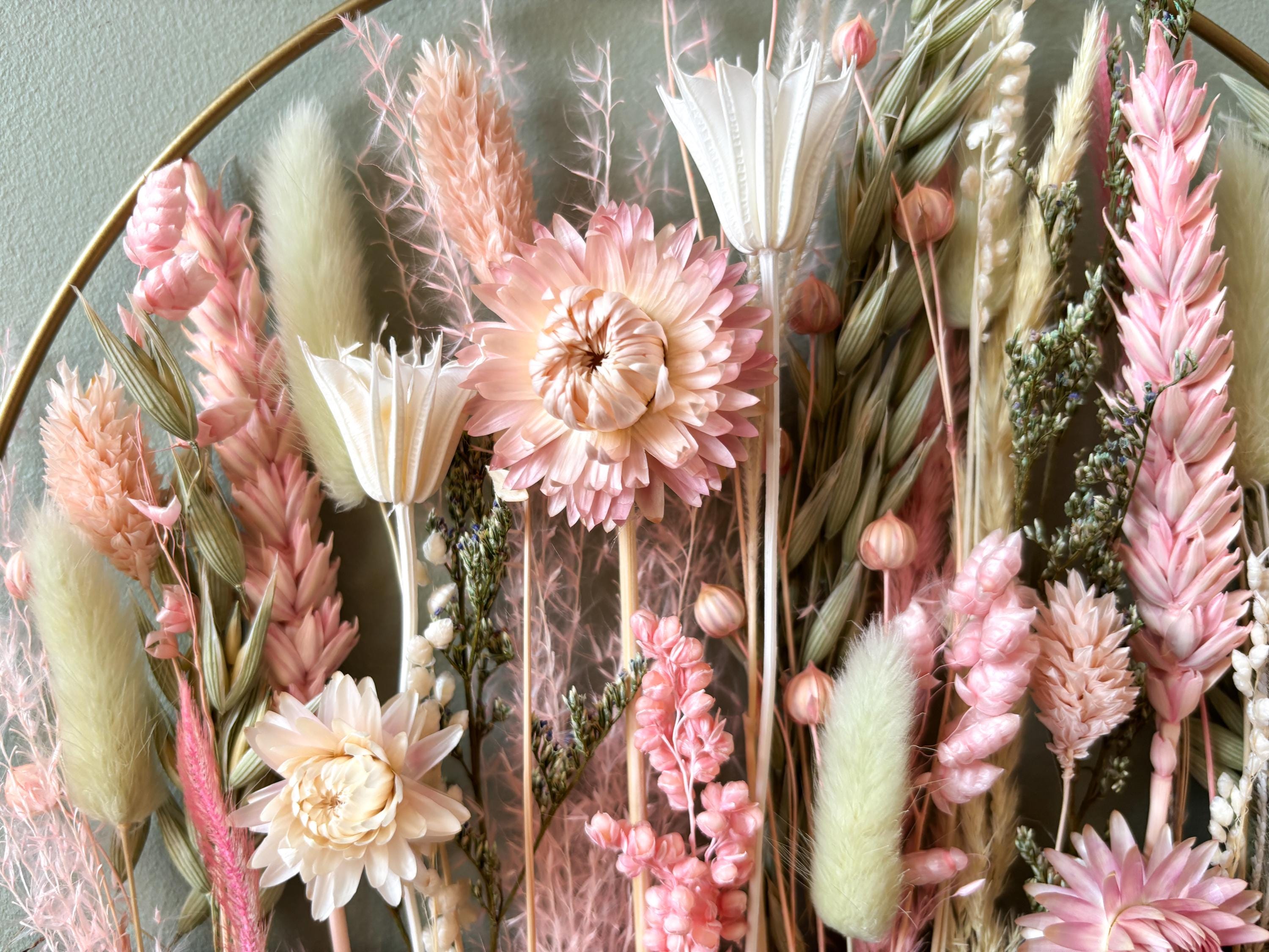 Ethereal Dried Flower Hoop – Pink & Pistachio Pastel Wall Hanging for ...