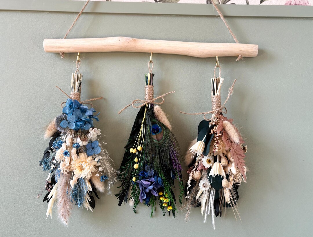 Boho Reborn Dried Flower Bouquet Wall Hanging – Natural Birch Wood ...